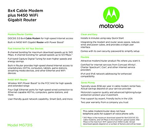 Motorola MG7315 Modem WiFi Router Combo | DOCSIS 3.0 Cable Modem + N450 ...
