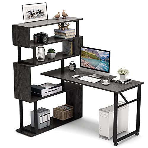 Tribesigns Rotating Computer Desk with 5 Shelves Bookshelf, Modern L ...