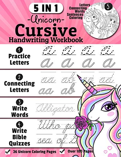 Unicorn Cursive Handwriting Workbook: 5-in-1 Cursive Handwriting ...