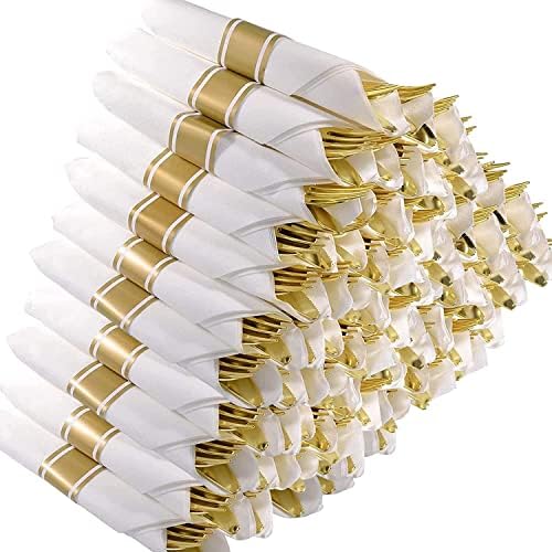 Pre Rolled Gold Plastic Silverware for 100 Guests - Wrapped Disposable ...