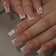 Amazon.com: Foccna 3D Flower Fake Nails Square Pink French Press on Nails Long Bling Glossy ...