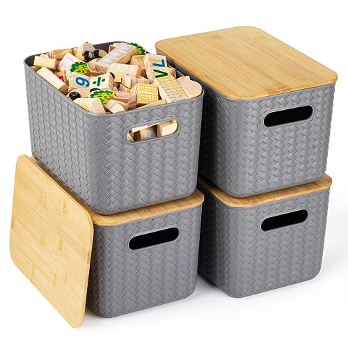 Ohmlove 4 Packs Storage Bins with Bamboo Lids - Plastic Storage ...