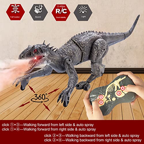 Remote Control Dinosaur Jurassic T Rex Toys for Boys Electronic RC Spray Raptor Toy LED Lightup ...