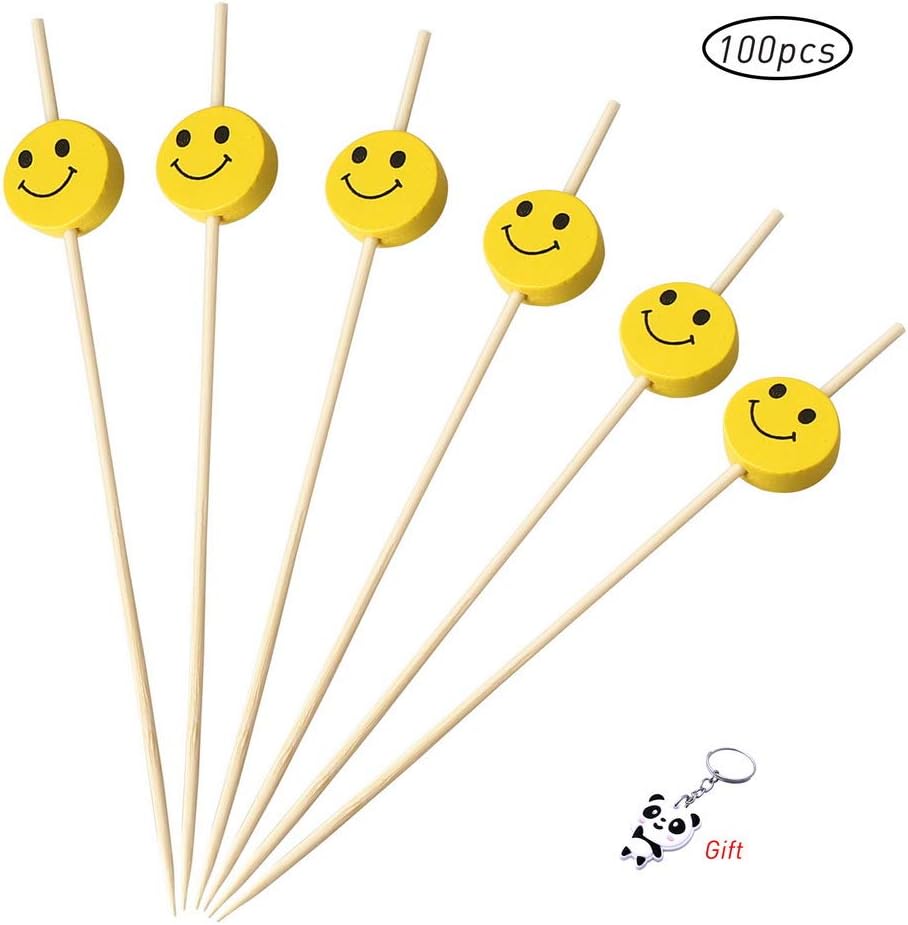 LiDing 100 Pcs Cocktail Sticks, Bamboo Wooden Yellow Smiles Drink ...