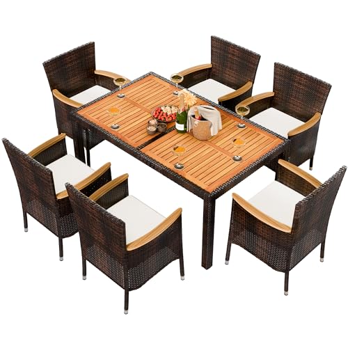 Shintenchi 7 Piece Patio Dining Set, Wicker Patio Conversation Set with ...