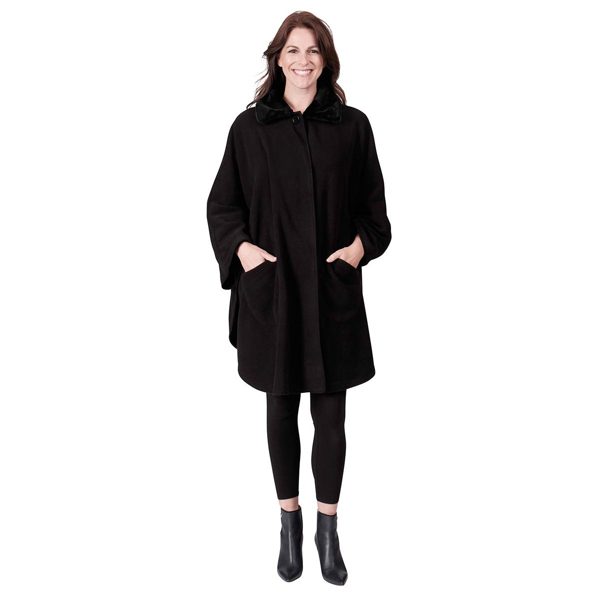 Le Moda Women's Faux Fur Trim Polar Fleece Shawl Cape with Pockets ...
