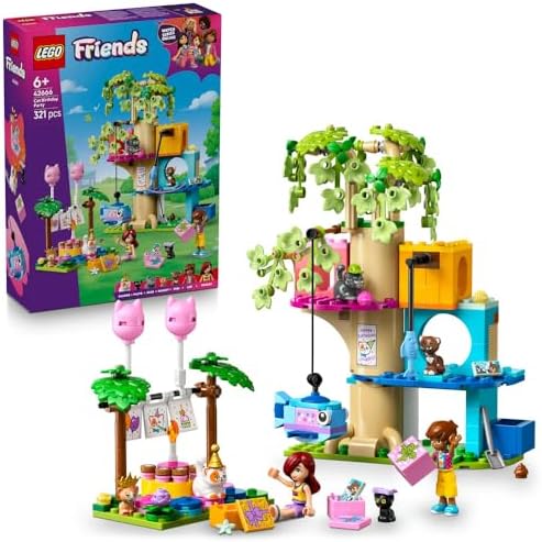 LEGO Friends Cat Birthday Party & Tree House Toy with a Rotating Table ...
