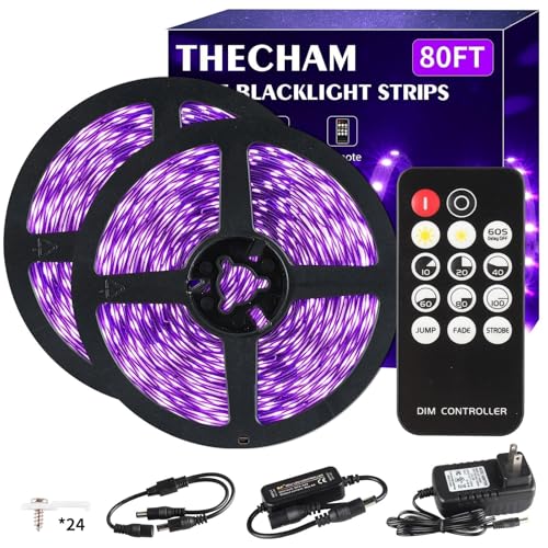 Thecham 80ft Black Lights Strip With Remote 1440 Leds 12v Flexible Blackights For Glow Party