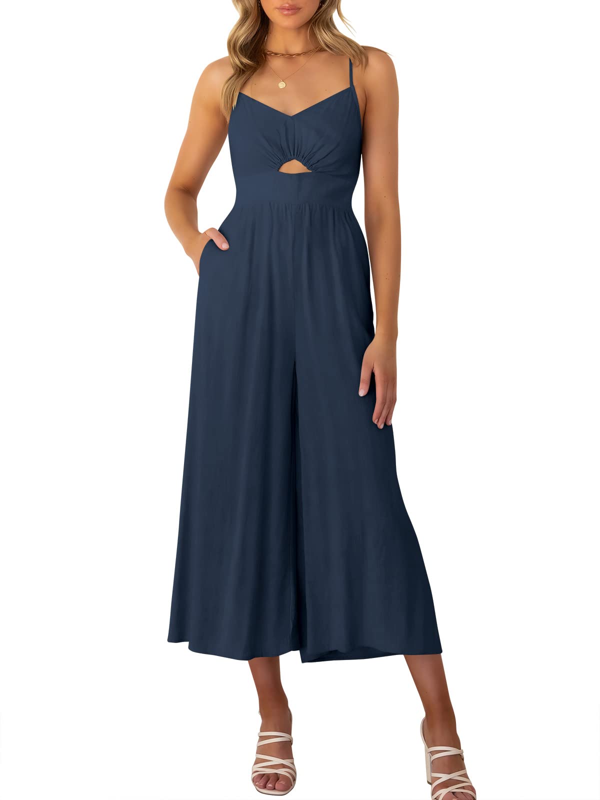Anrabess Women Summer Casual Spaghetti Strap Sleeveless V Neck Cutout 6938