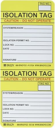 Brady ISO-ISO 08, ISOLATION TAG INSERTS (100 Tags): Industrial Lockout ...