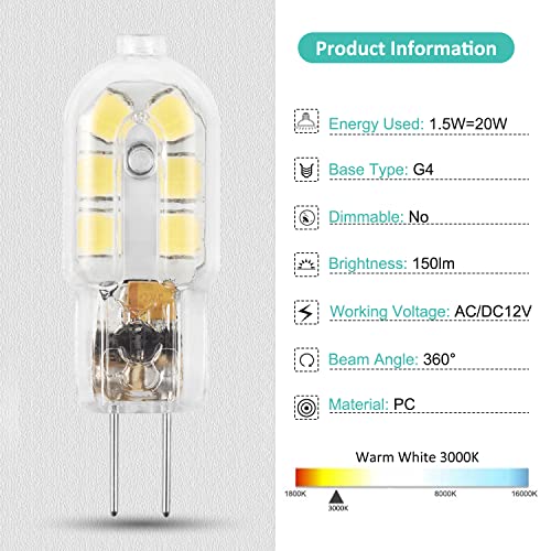 Amazing power G4 LED Bulb, 12V JC G4 Bi Pin Bulb, G4 20W Halogen Bulb Replacement, Warm White ...