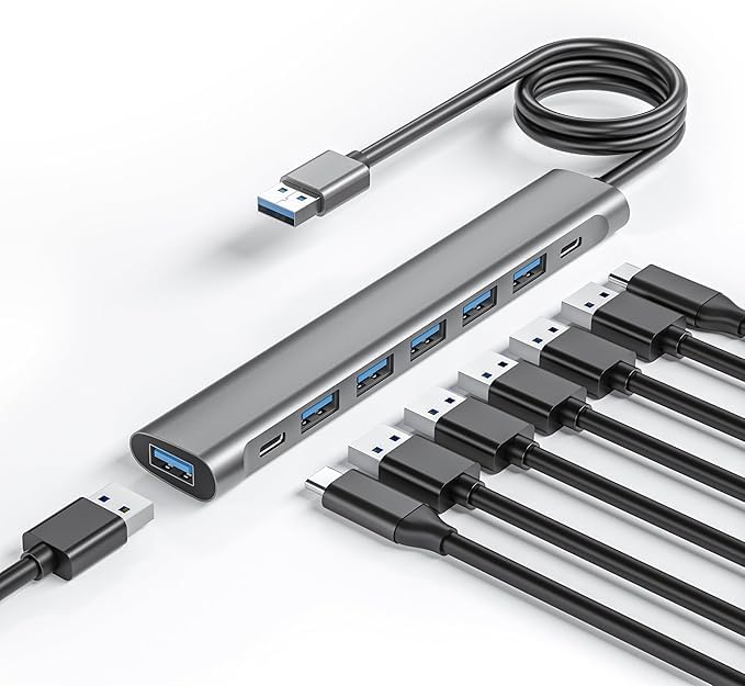 USB Hub Long Cable, 8 Ports USB 3.0 Adapter with 6 USB 3.0 Data Ports ...