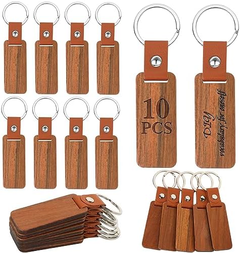 10PCS Leather Wood Keychain Blank, Wooden Keychain Blanks with Leather ...