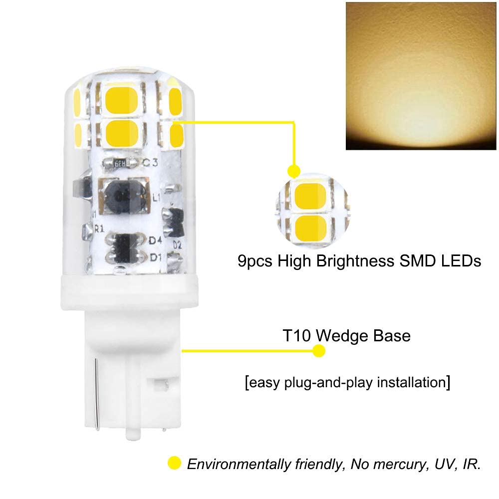 Lustaled 3W T5 T10 LED Wedge Base Light Bulb, 12V AC/DC T10 194 LED Bulb 30W Halogen Replacment ...