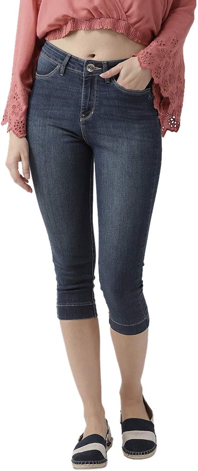 Buy XPOSE Women Dark Blue Solid Skinny Fit High Rise Denim Capris at ...