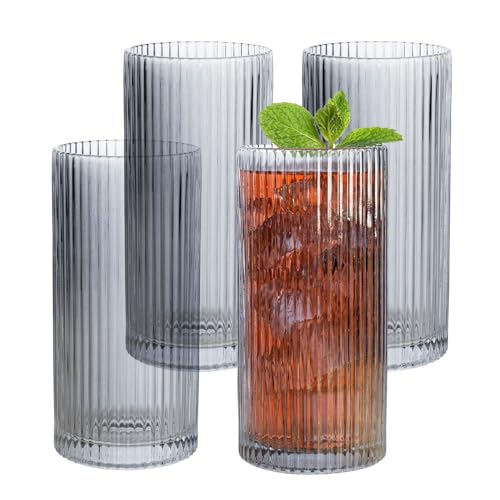 MyGift 12 oz Smoked Gray Fluted Highball Drinking Glasses, Ribbed ...