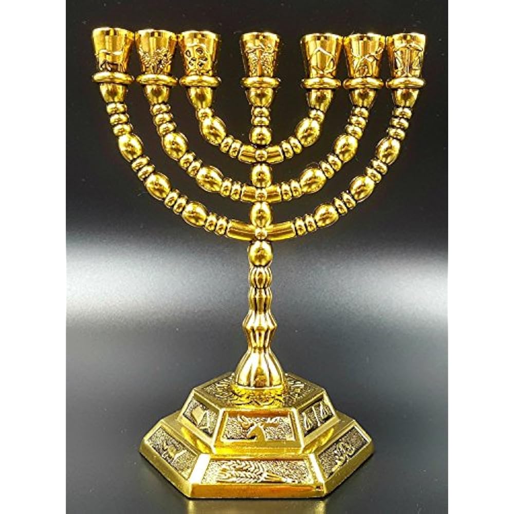 7 Branch Temple Menorah Candle Holder In Gold 12 Tribes Of Israel 