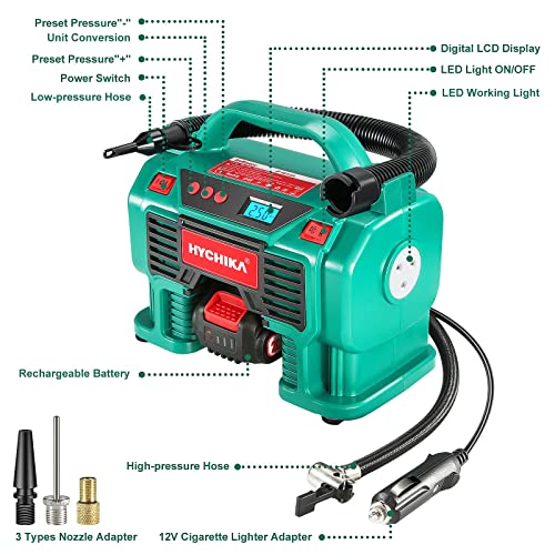 Tire Inflator, HYCHIKA Portable Air Compressor Pump 160PSI 20V Battery ...