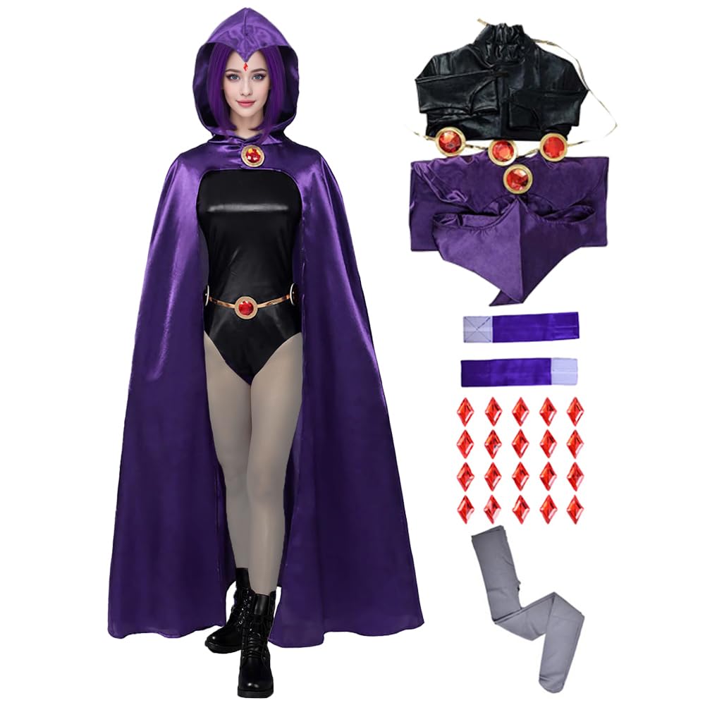NDJLNZ 6PCS Raven Cosplay Costume Women's Halloween Raven Cosplay with Cape Belt Jumpsuit Tights ...