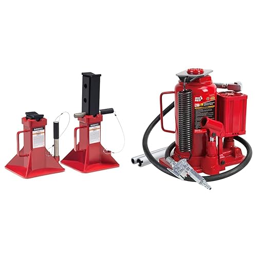 SUNEX TOOLS 22-Ton Jack Stands with BIG RED 20 Ton (40,000 lb) Pneumatic Air Hydraulic Bottle ...
