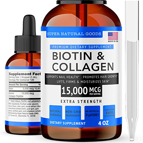 Liquid Biotin & Collagen Hair Growth Drops 15,000mcg (4oz) Supports ...