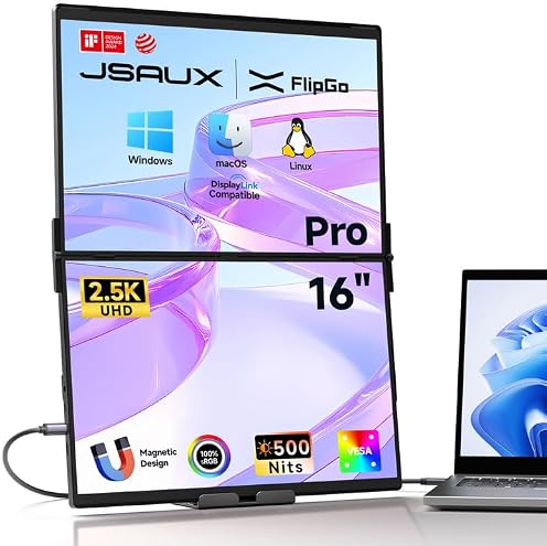 JSAUX FlipGo 16 Pro 2.5K Dual Screen Portable Monitor, Triple Laptop ...