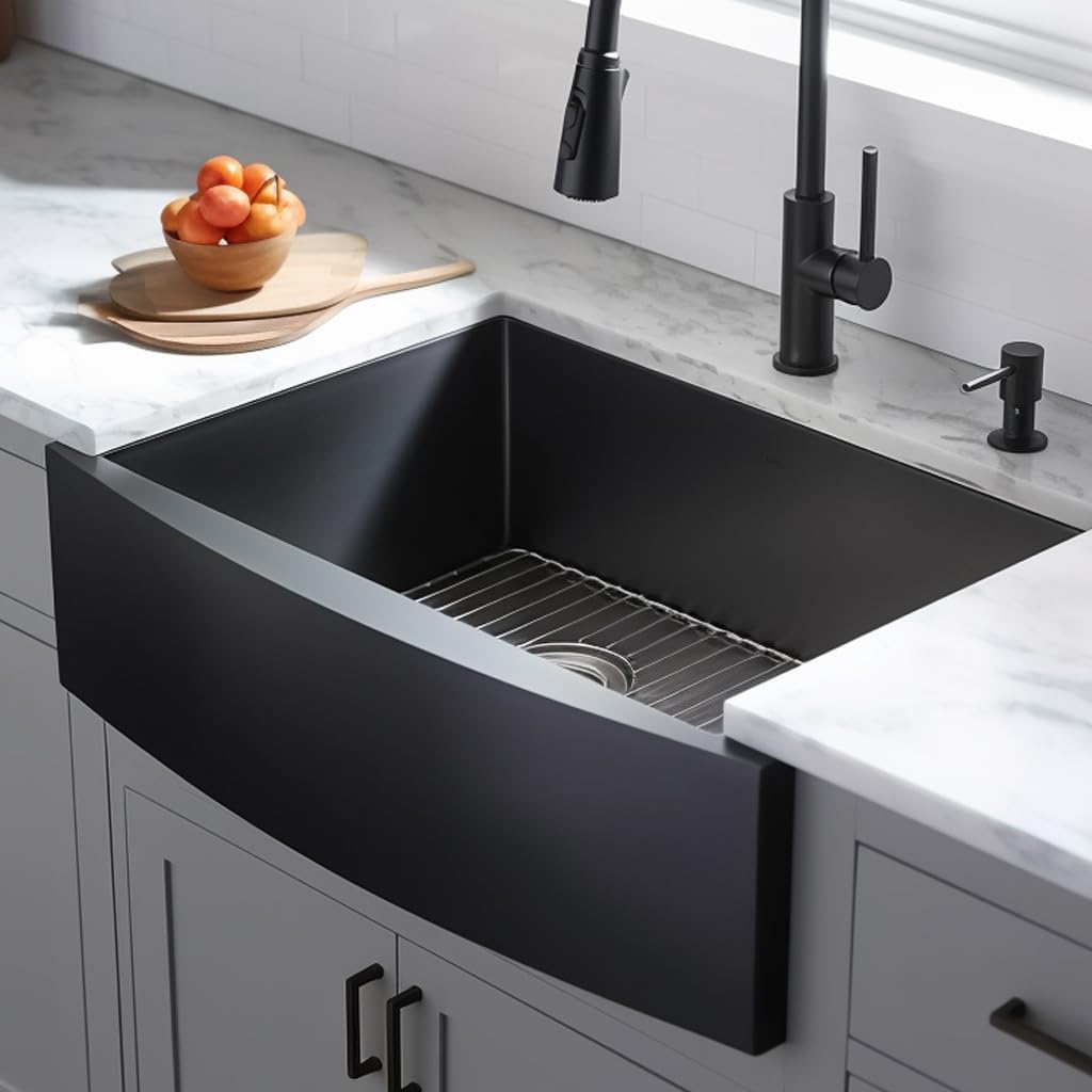 VESLA HOME 33 inch Black Farmhouse Sink, Single Bowl Black Stainless ...