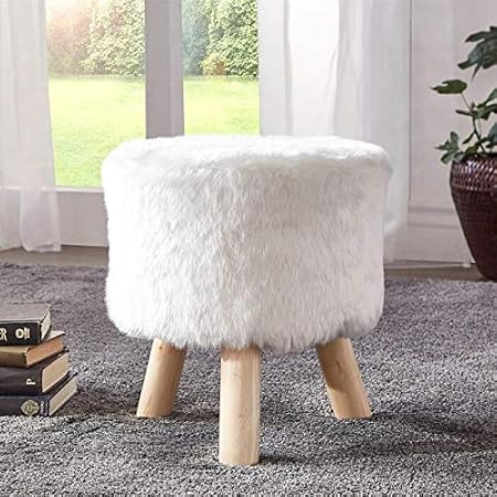 3M Broadway Stool for Living Room Fuax Fur Pure White Ottoman Pouf for ...