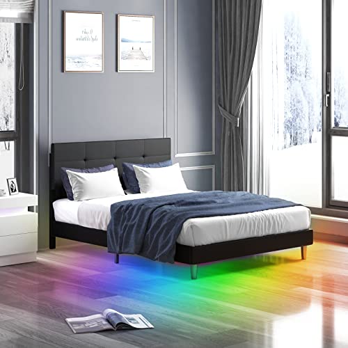 BALUS King Size LED Bed Frame /Upholstered Platform Bed Frame with RGB ...