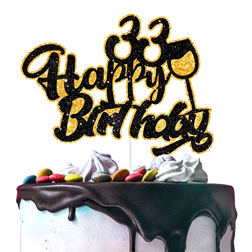 AERZETIX Happy 33rd Birthday Cake Topper Black Gold Glitter Wine Glass ...