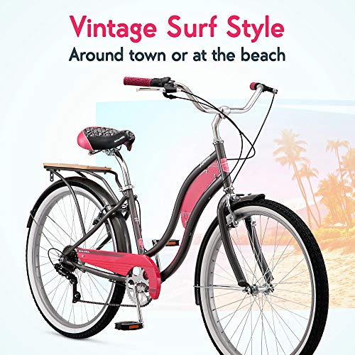 Kulana Lakona Tide Adult Beach Cruiser Bike, 26-Inch Wheels, 7-Speed, Gray/Pink | Pricepulse