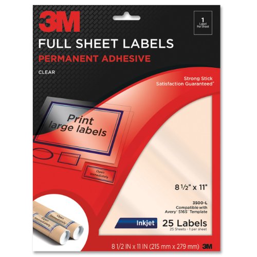 3M Permanent Adhesive Full Sheet Labels, 8.5 x 11 Inches, Clear, 25 per ...