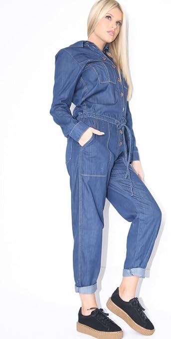 Amazon.com: shelikes New Womens Denim Boiler Suit Ladies Jumpsuit Blue ...