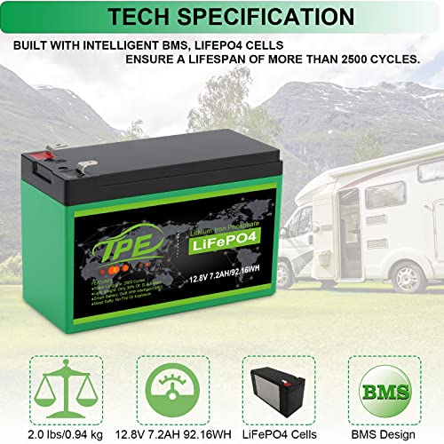 TPE LiFePO4 Lithium Battery, 12V 7.2AH Lithium Iron Phosphate Battery 2500 Deep Cycles Battery ...