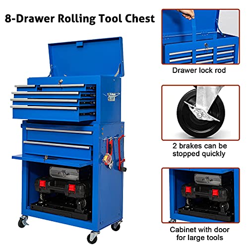 8-Drawer Rolling Tool Chest, Portable Stackable Metal Tool Chest with Wheels, Removable Tool ...