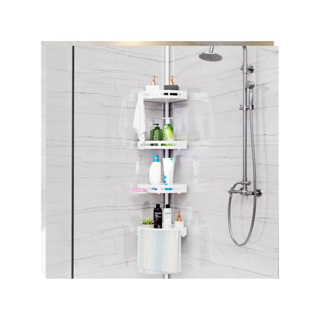 J-Rod Innovations Corner Shower Caddy Tension Pole-LUXURY Model-Adjustable Baskets 4-Tier Bath ...
