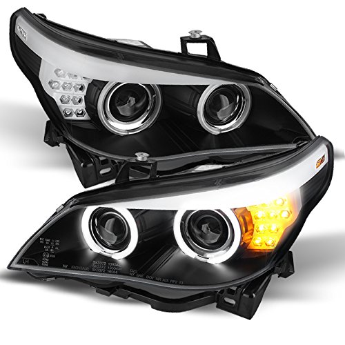 AKKON - For BMW E60 5 Series Black Bezel Halogen Type Dual CCFL Halo Projector Headlights w/Full ...