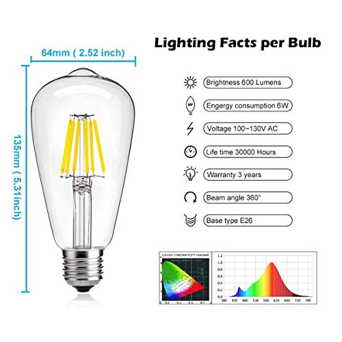 Dimmable LED Edison Bulb 60W Equivalent - 600 Lumen Warm White 2700K E26 Standard Base, 6W ST64 ...