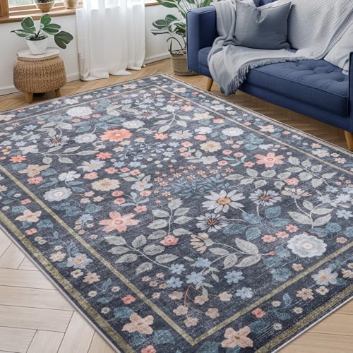 YIHOUSE Floral Print Nursery Rugs 5x7, Large Blue Ultra-Thin Pastel ...