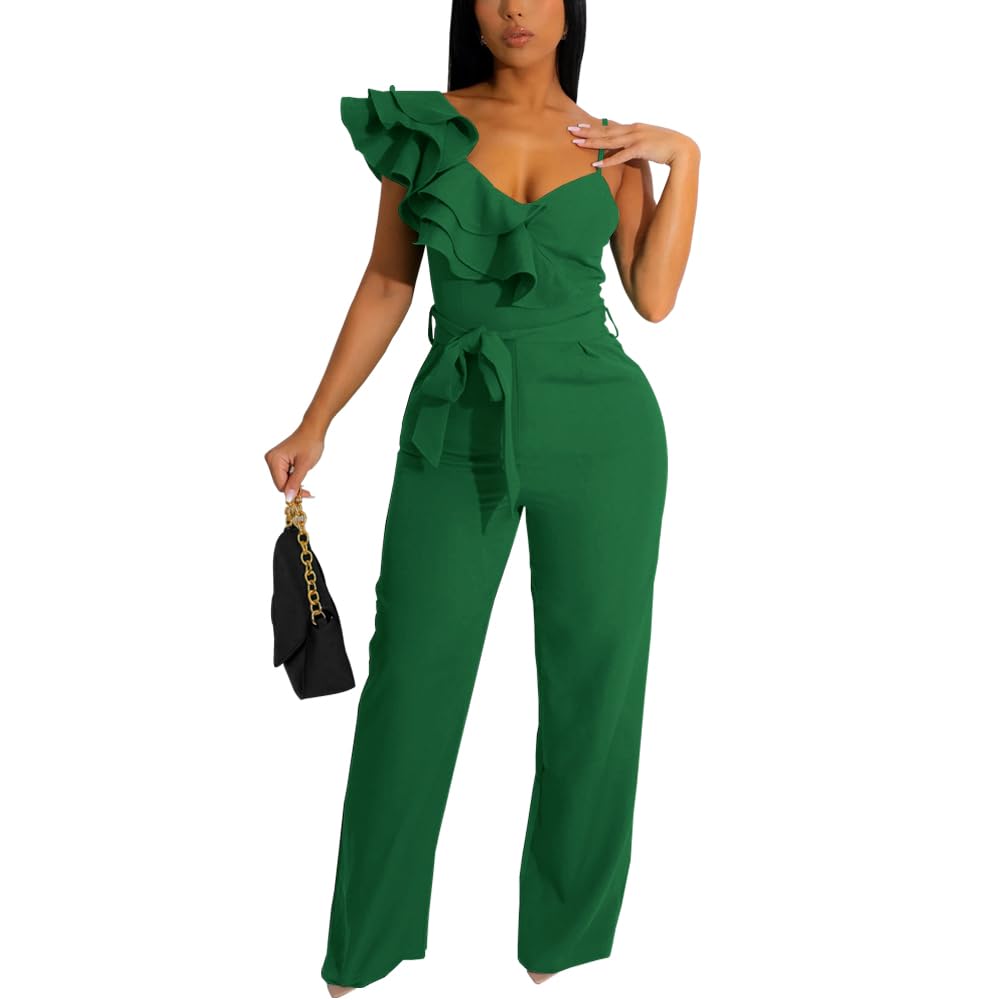 HBQ Womens Casual One Piece Jumpsuits V-Neck Sleeveless Ruffle Backless Belted Elegant Romper ...