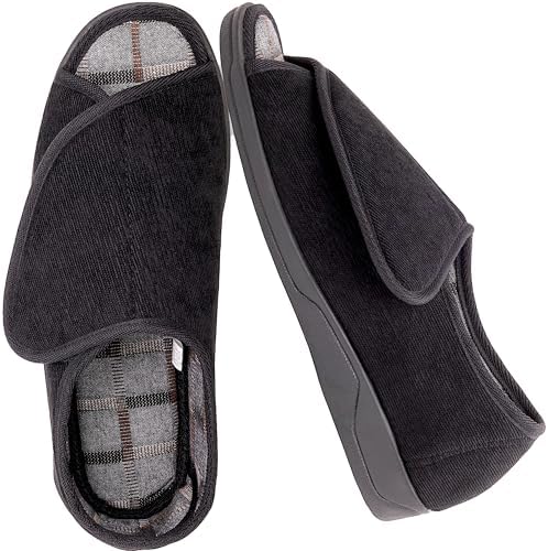 Men's Wide Furry 80-D Memory Foam Diabetic Slipper with Adjustable ...