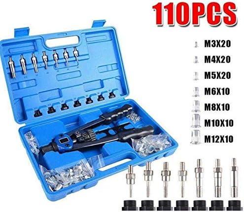 110 Pcs Rivet Gun Nut Tool Set,Manual Rivets Gun with 7 Interchangeable ...