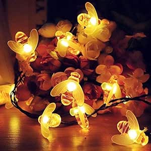 Solar Honey Bees String Lights, EONSMN Waterproof 30 LED Warm White Bumble Bee Starry Fairy ...