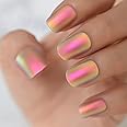 Amazon.com: Coolnail Chrome Pink Gold Short Fake Nails Rainbow Squoval ...