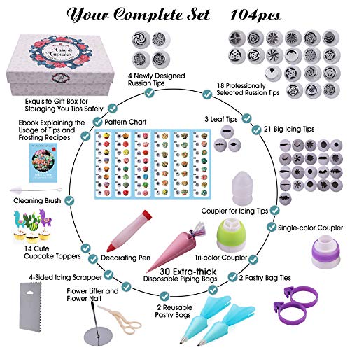 Russian Piping Tips Set -104pcs Cake Decorating Supplies - - 46 Icing ...