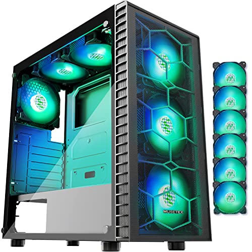 MUSETEX ATX PC Case, Mid Tower Mesh Computer Case with 6pcs 120mm LED ...