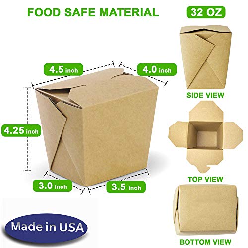 [50 Pack] 32 oz Chinese Take Out Boxes - 4.5x4" Plain Kraft Paperboard ...
