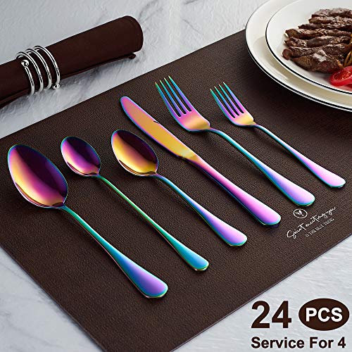 Rainbow Silverware Set,24-Piece Stainless Steel Colorful Flatware Set ...