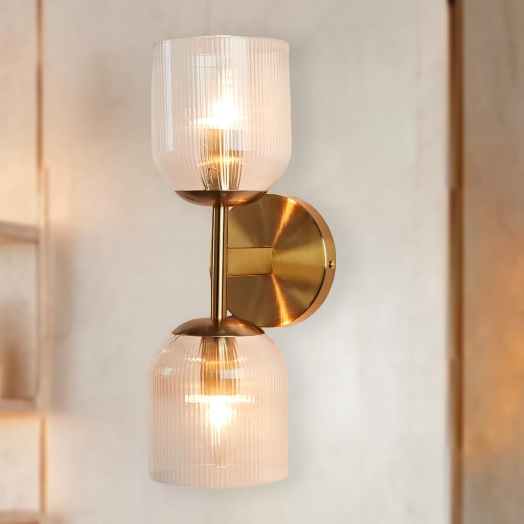 Modern Double Fluted Glass Shade Wall Mounted Sconce with Antique Brass ...