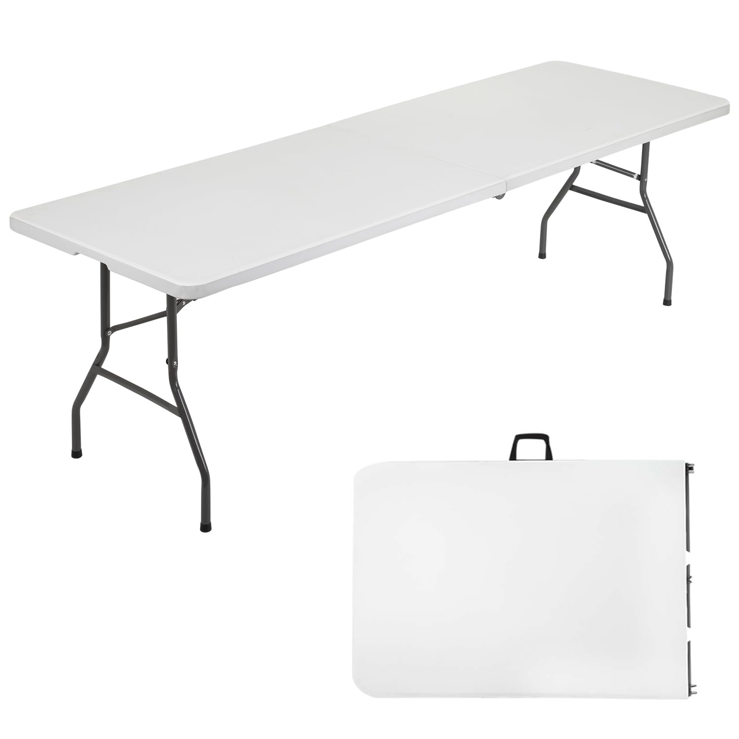 FDW 8 Foot Outdoor Dining Table, Foldable Portable Rectangular Plastic Folding Table with Built ...